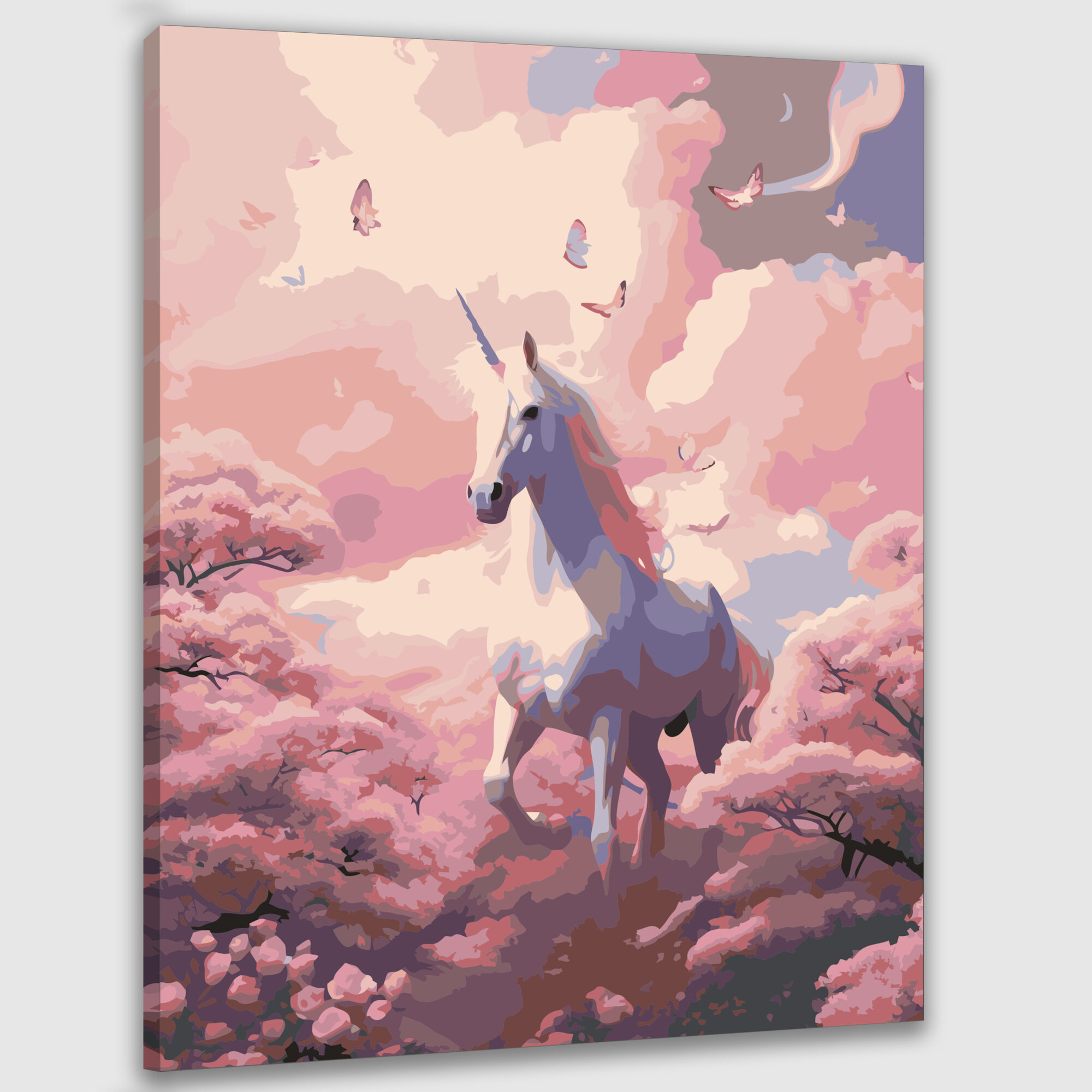 Картина по номерам 40x50 см, розовый пейзаж, облака из сахарной ваты, пастельное небо, розовые цветы, единорог, луг