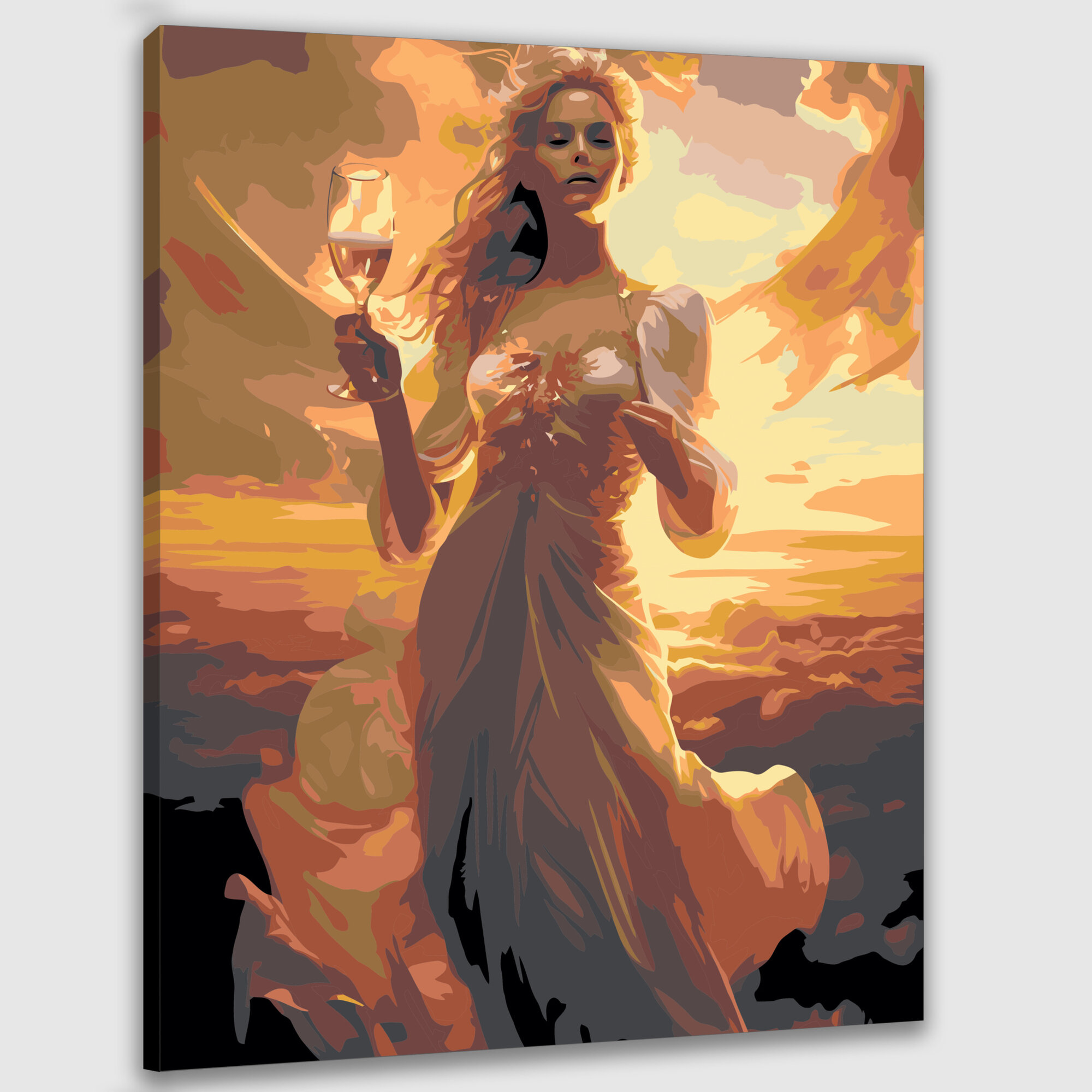 Картина по номерам 40x50 см, женщина, платье, хрустальный бокал, жидкость, рассвет, облака, солнечный свет, красота