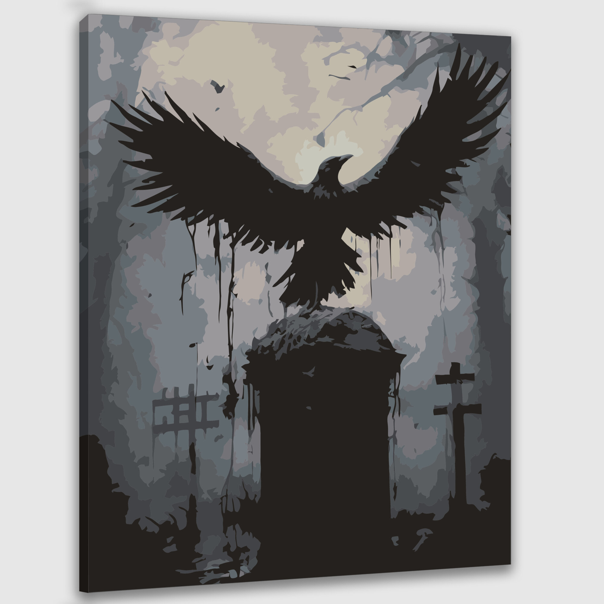 Картина по номерам 40x50 см, туман, кладбище, ворон, надгробие, монохромная палитра, взлет, жуткая атмосфера