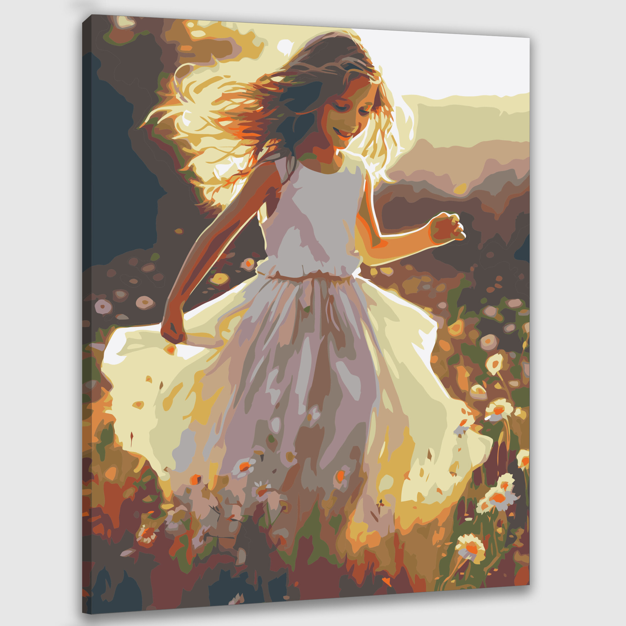 Картина по номерам 40x50 см, фотография, девочка, платье, поле, цветы, солнце, лучи, кружится, смех, радость, свобода