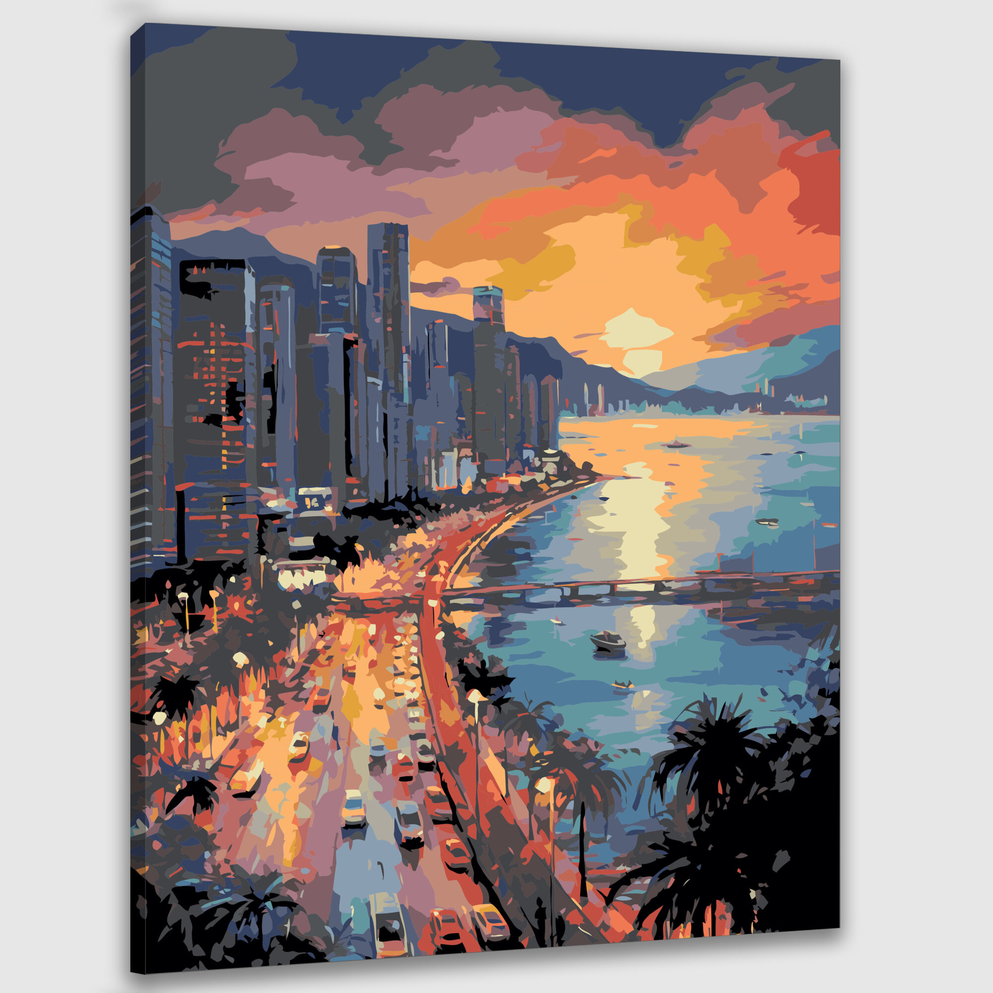 Картина по номерам 40x50 см, город, сумерки, огни, река, автомобили, пешеходы, движение, энергия, живость, динамизм