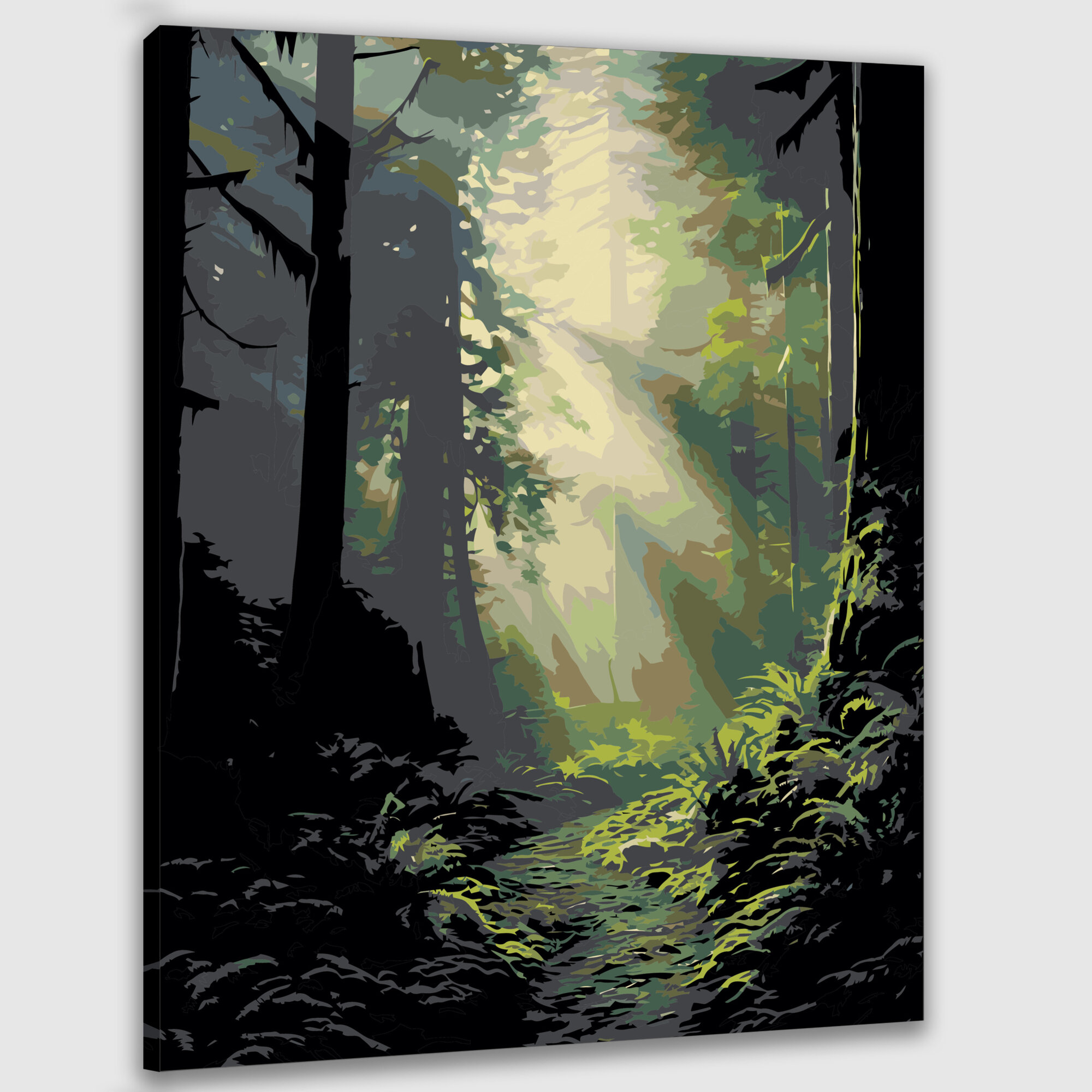 Картина по номерам 40x50 см, туманный лес, рассвет, солнечные лучи, мох, деревья, папоротники, прохладные цвета