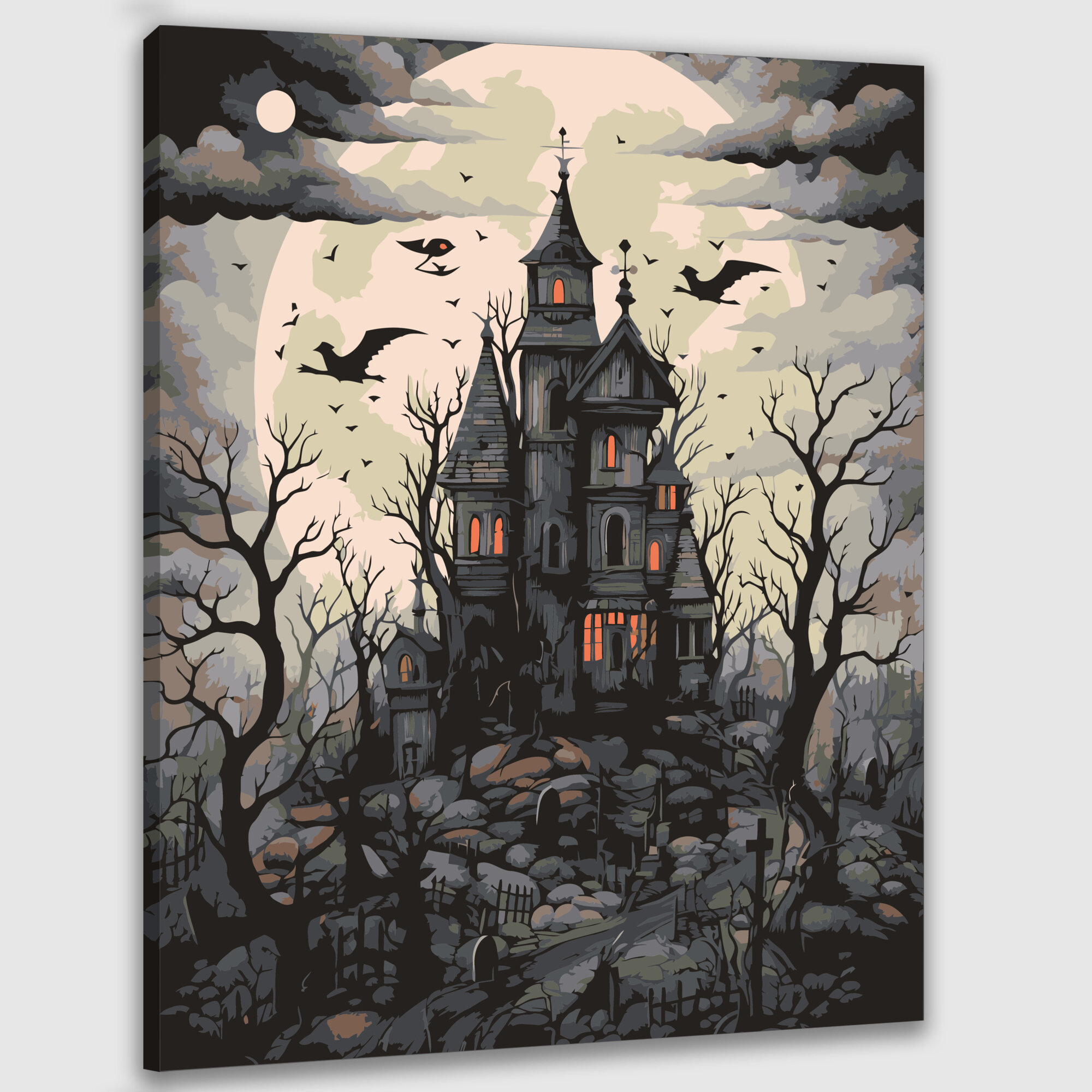 Картина по номерам 40x50 см, иллюстрация, стиль Эдварда Гори, Хэллоуин, викторианский особняк, кладбище, луна