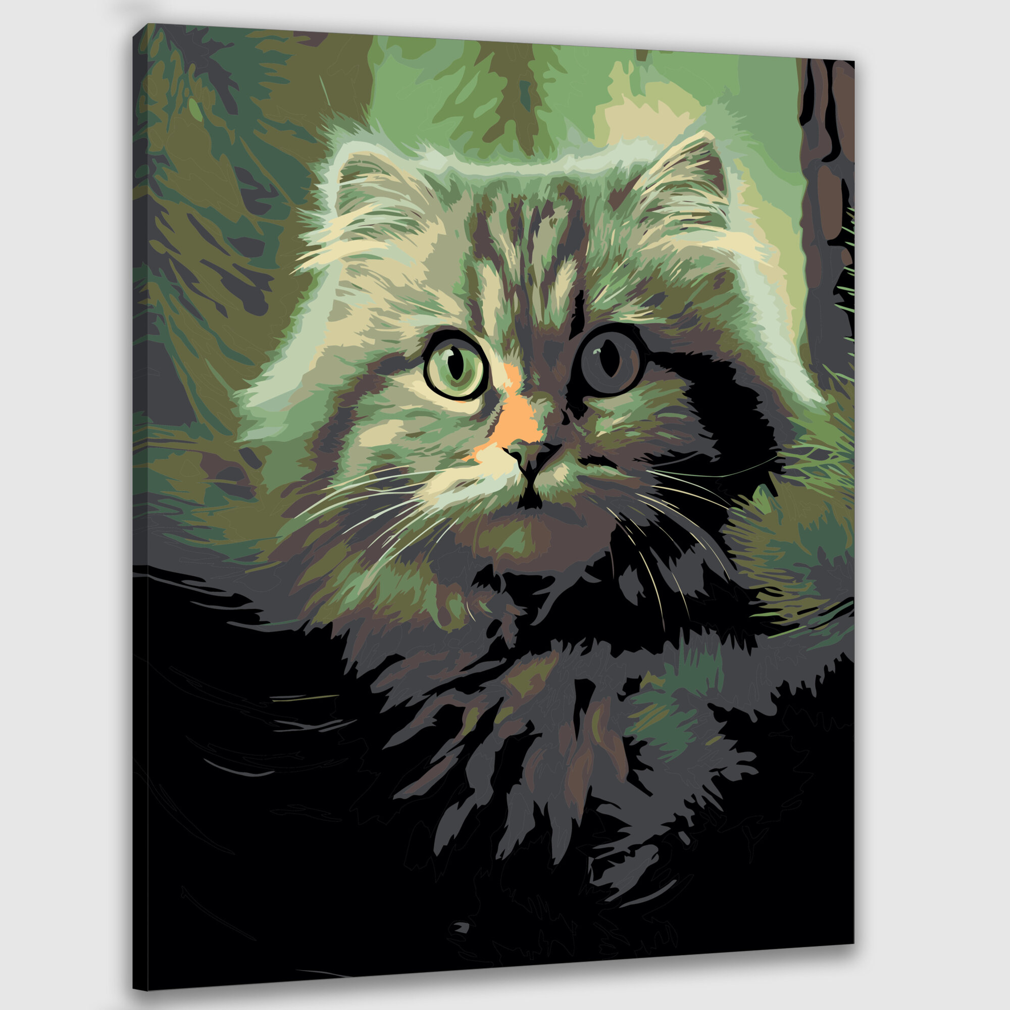 Картина по номерам 40x50 см, манул, дикая кошка, тайга, естественная среда, зеленые сосны, яркий мох, густая шерсть