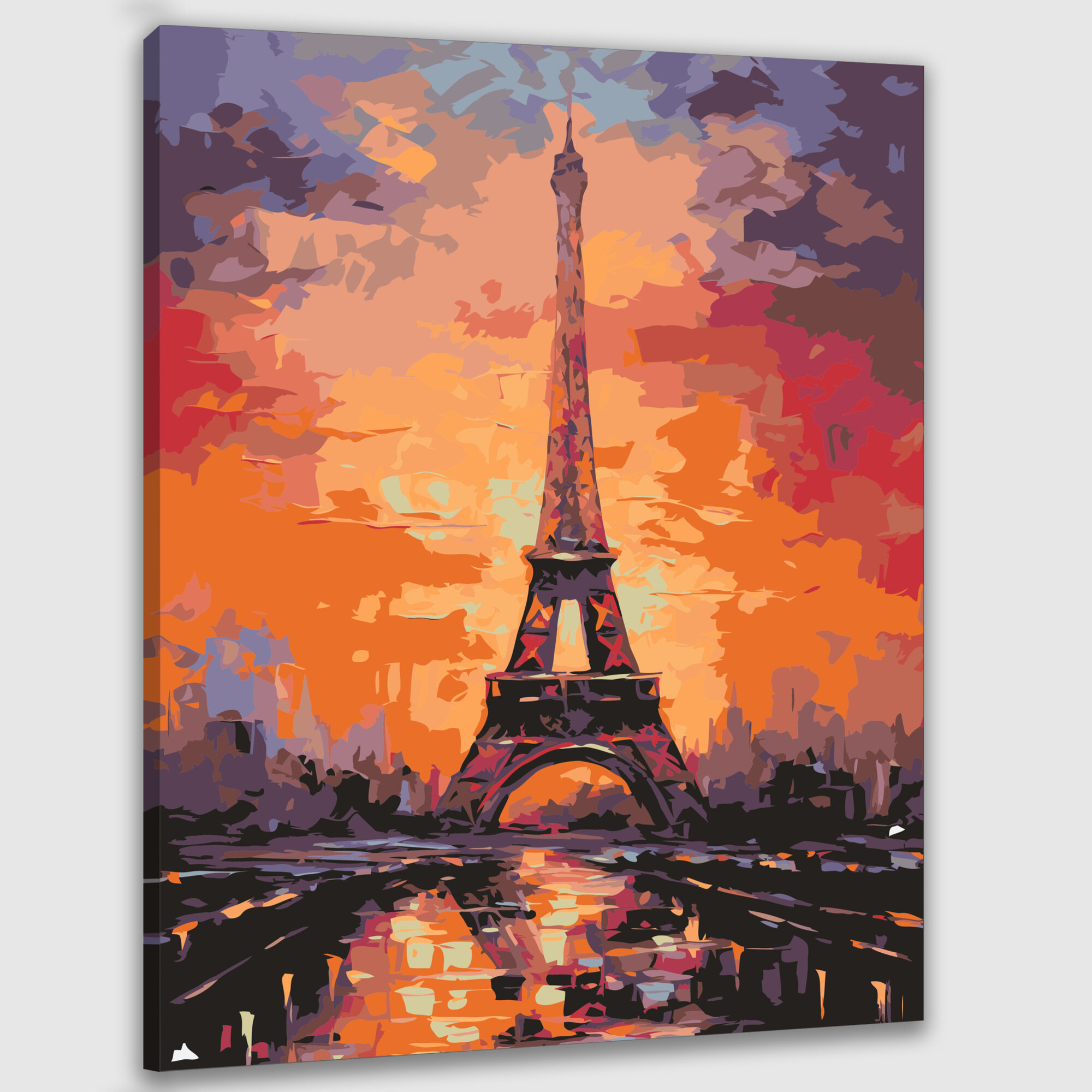 Картина по номерам 40x50 см, акриловая картина, Эйфелева башня, закат, силуэт, огненно-оранжевые, фиолетовые, Париж