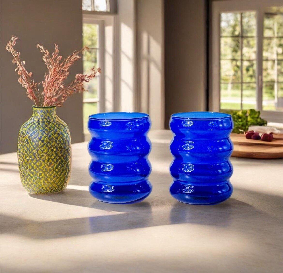 Набор стеклянных волнистых стаканов для кофе, латте, чая, бокал 300 мл 2 шт синий