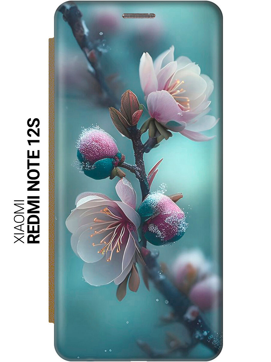 Чехол-книжка на Xiaomi Redmi Note 12s / Сяоми Редми Ноут 12с с рисунком "Распускающиеся бутоны" золотой