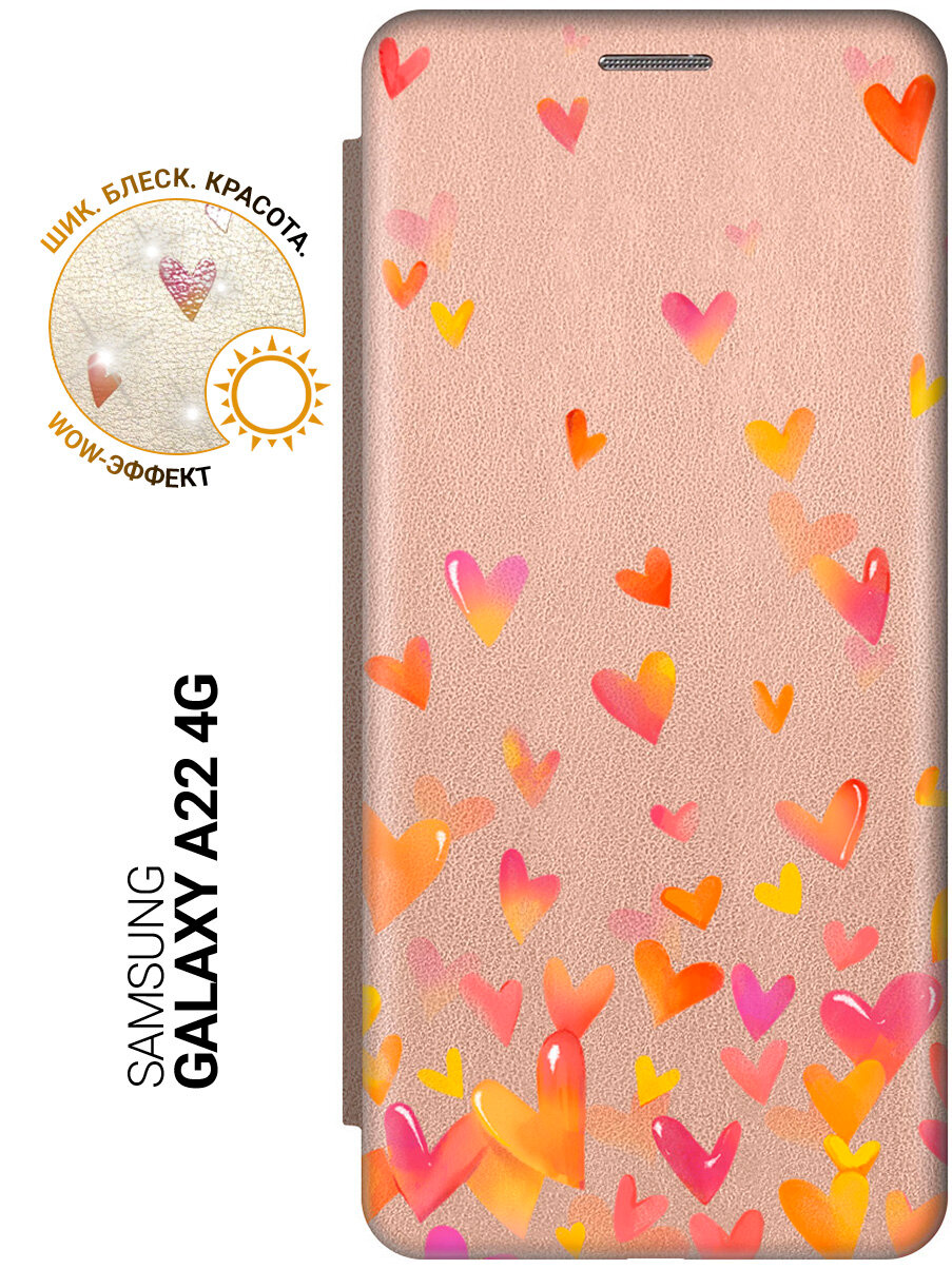 Чехол-книжка на Samsung Galaxy A22 4G, Самсунг А22 4Г с 3D принтом "Flying Hearts" золотой
