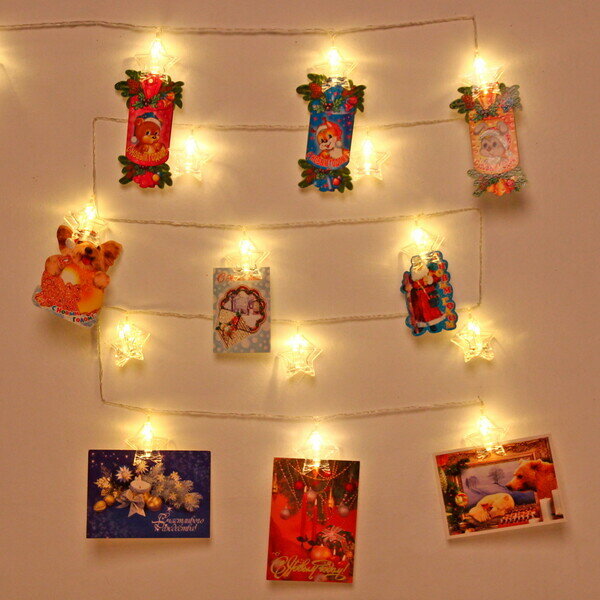 Гирлянда для дома Серпантин 4 м 20 ламп LED с насадками Звезда Прищепка, прозрачный провод, Теплый белый