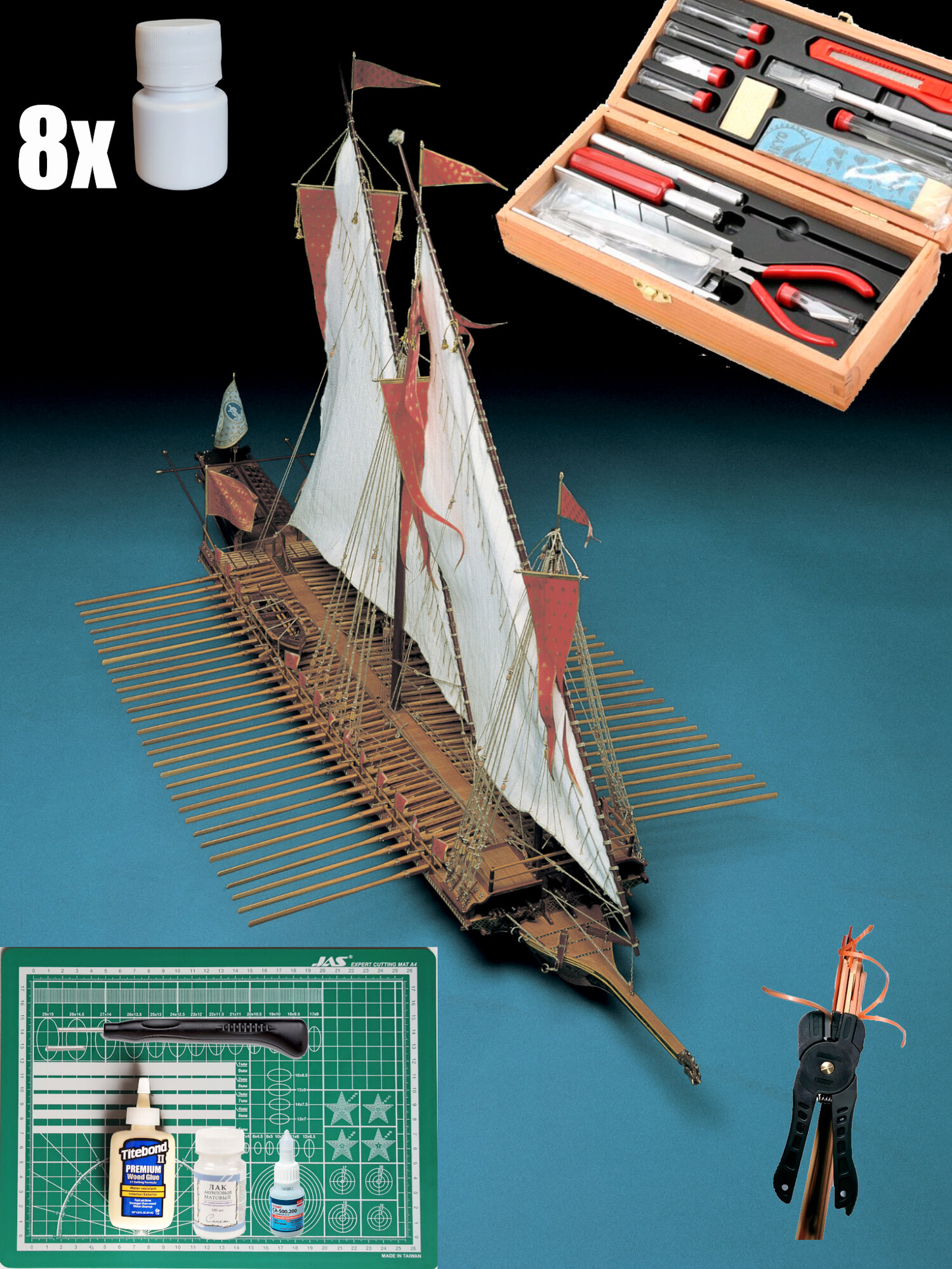 Модель корабля Corel, галера Reale De France, 1060х670х165 мм, подарочный набор, паруса, инструменты, краски, лак, клея