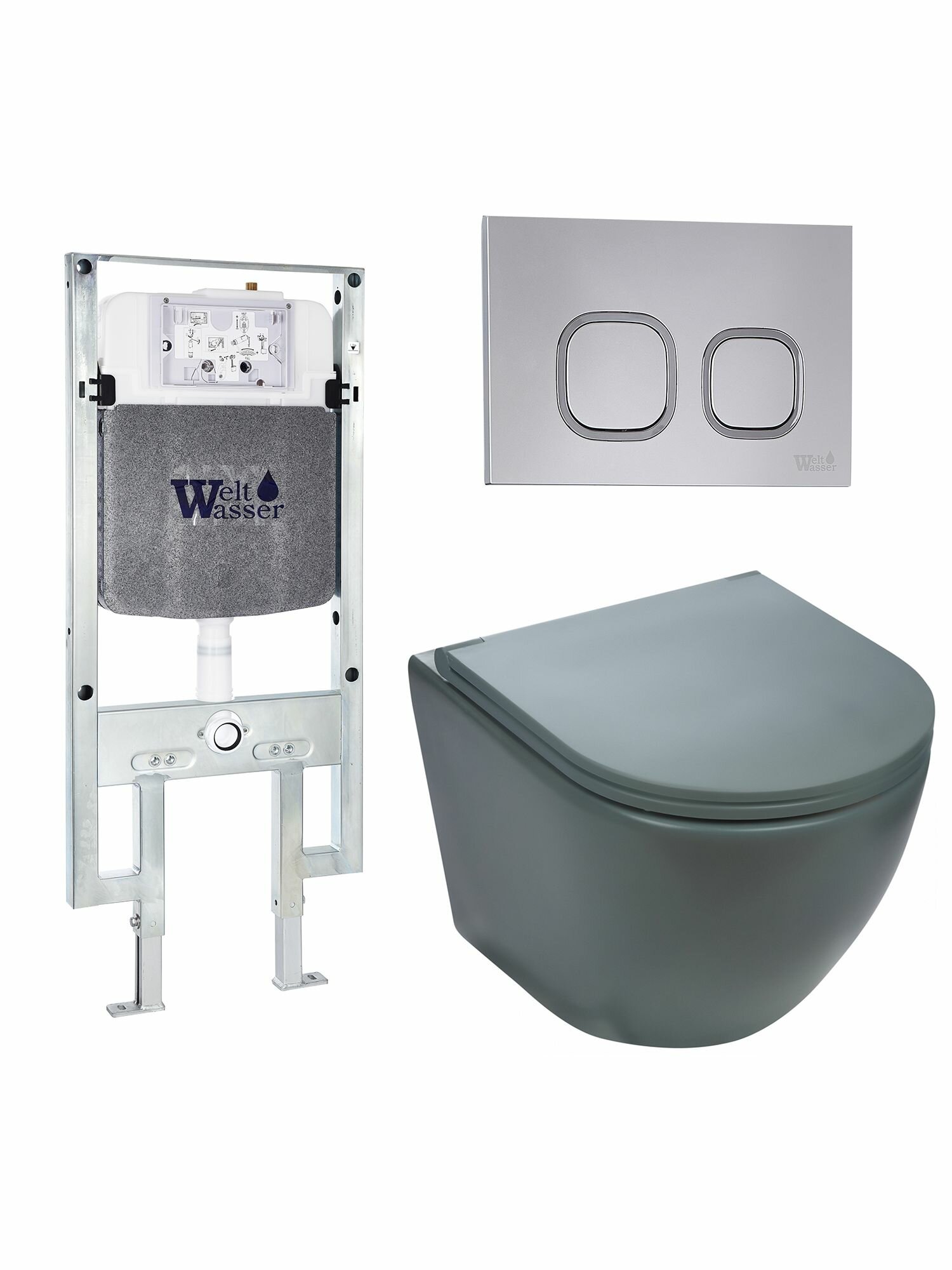 Комплект 6 в 1 WeltWasser: подвесной унитаз MERZBACH 043 MT-GR серый+кнопка смыва AMBERG RD-CR хром+инсталляция AMBERG 497 ST
