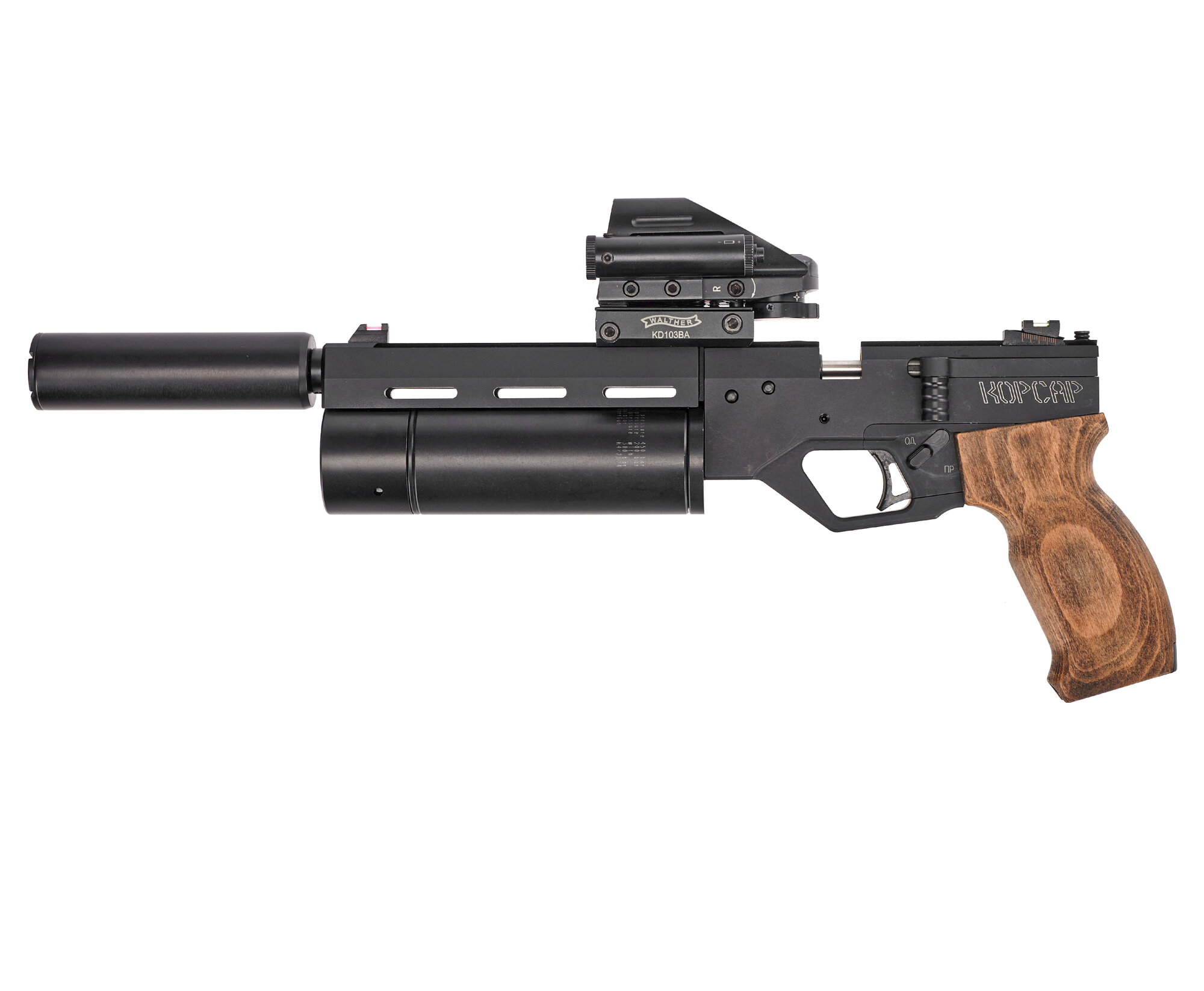 Пневматический пистолет Krugergun Корсар 6.35 мм (180 мм, редуктор, D42, дерево, с манометром)