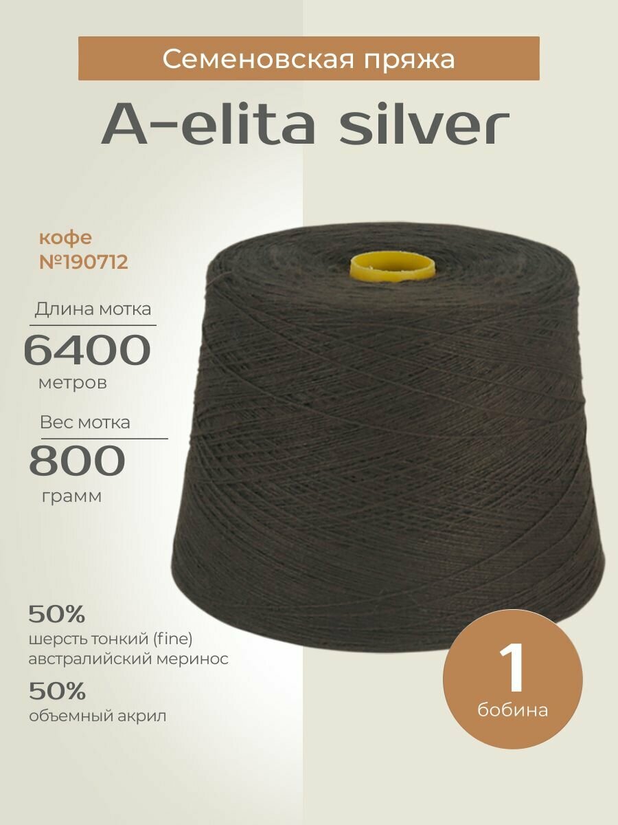 Бобинная пряжа для вязания спицами, крючком и машиной Семеновская A-elita silver (Аэлита сильвер) тонкая, шерсть меринос акрил, цвет: 190712 Кофе, 1 шт. 800 г, 6400 м