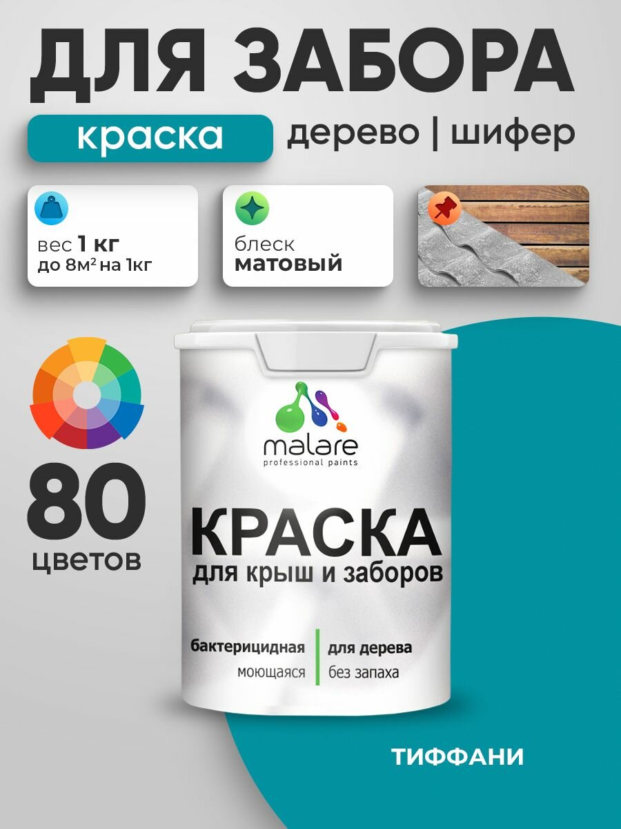 Акриловая краска Malare для деревянного забора/ по дереву для наружных и внутренних работ/ быстросохнущая моющаяся без запаха, матовая, тиффани, 1 кг.