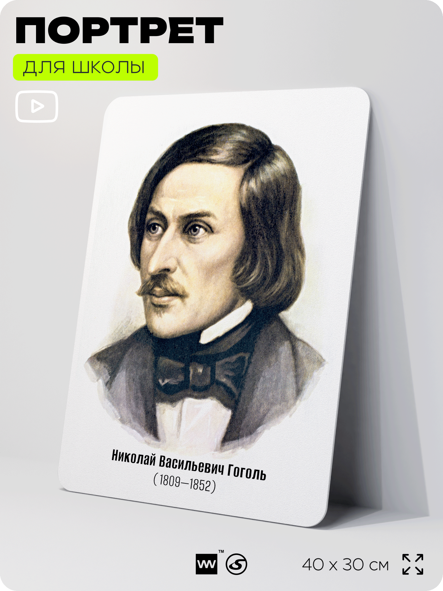 Портрет для школы в кабинет литературы и русского языка "Гоголь Николай Васильевич", стенд школьный для класса, для оформления классного уголка, 40х30 см, Silver Plane x Айдентика Технолоджи