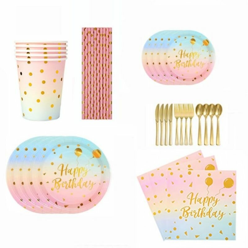 Одноразовая посуда для дня рождения в голубой и розовый градиентный горошек, 8 наименований, примерно по 25 порций в каждом, включая 50 бумажных полотенец, всего 225 штук