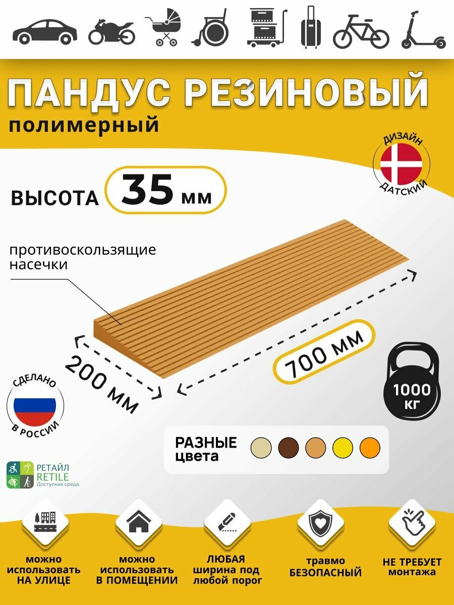 Пандус резиновый рубеж для порогов высотой 3,5 см (35х700х200 мм), светло-коричневый, для колясок, склада и автомобилей