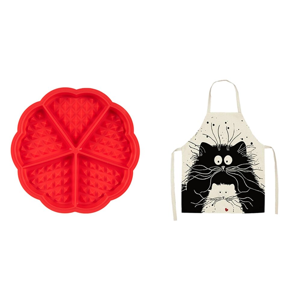1x силиконовая форма для вафельницы, противень для выпечки печенья в микроволновой печи (красный) 17,5 см и 1 шт. фартук из хлопка и льна без рукавов с принтом кота