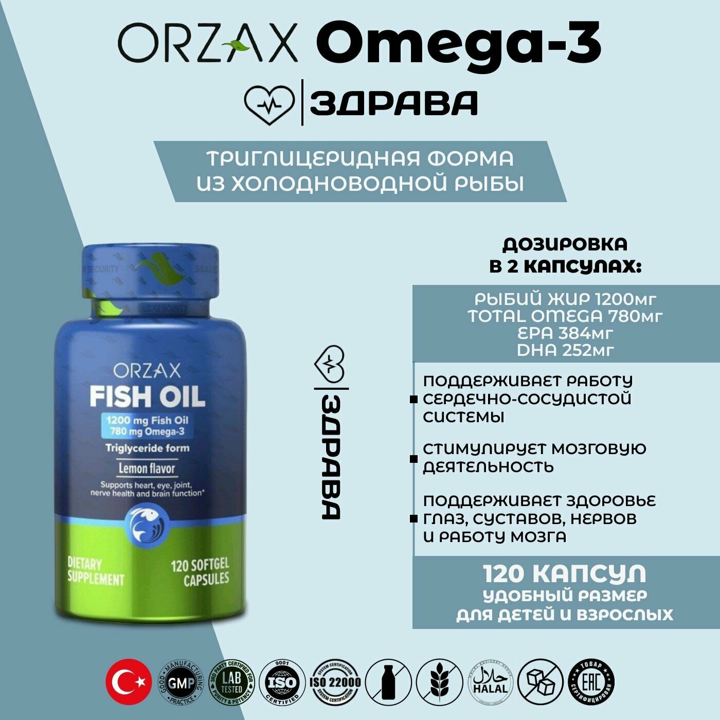 Fish oil Omega 3 / Омега 3 в форме триглицеридов, 120 капсул