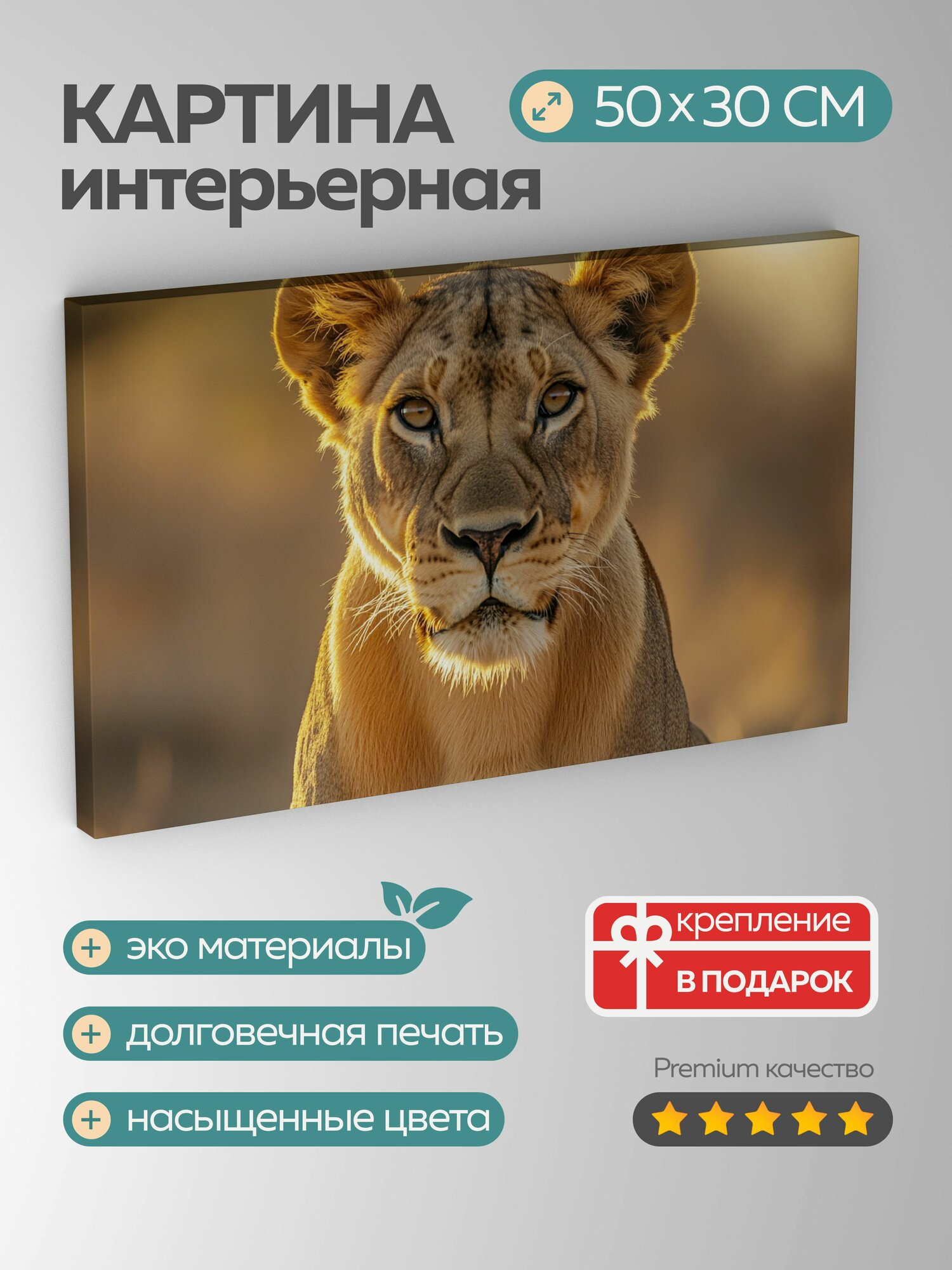 Картина на холсте интерьерная 50х30 см, Львица, фокус, четкость, взгляд, сила, решимость, дикая природа, солнце, тени