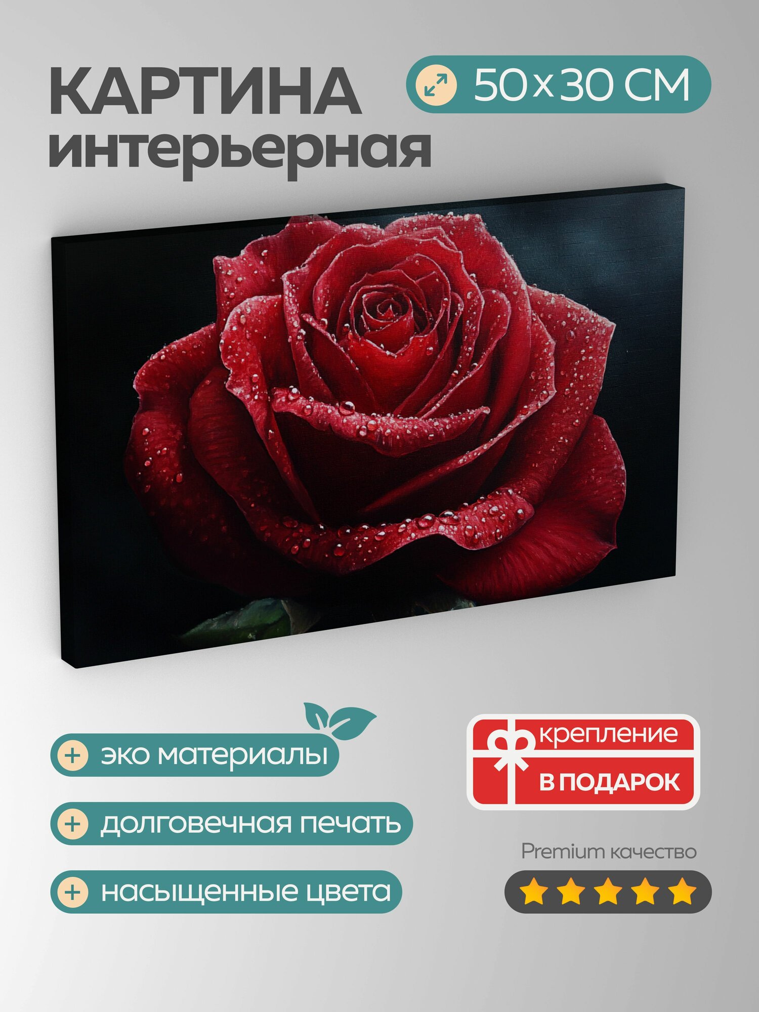 Картина на холсте интерьерная 50х30 см, масляная картина, красная роза, бархатистые лепестки, капельки росы, темный фон
