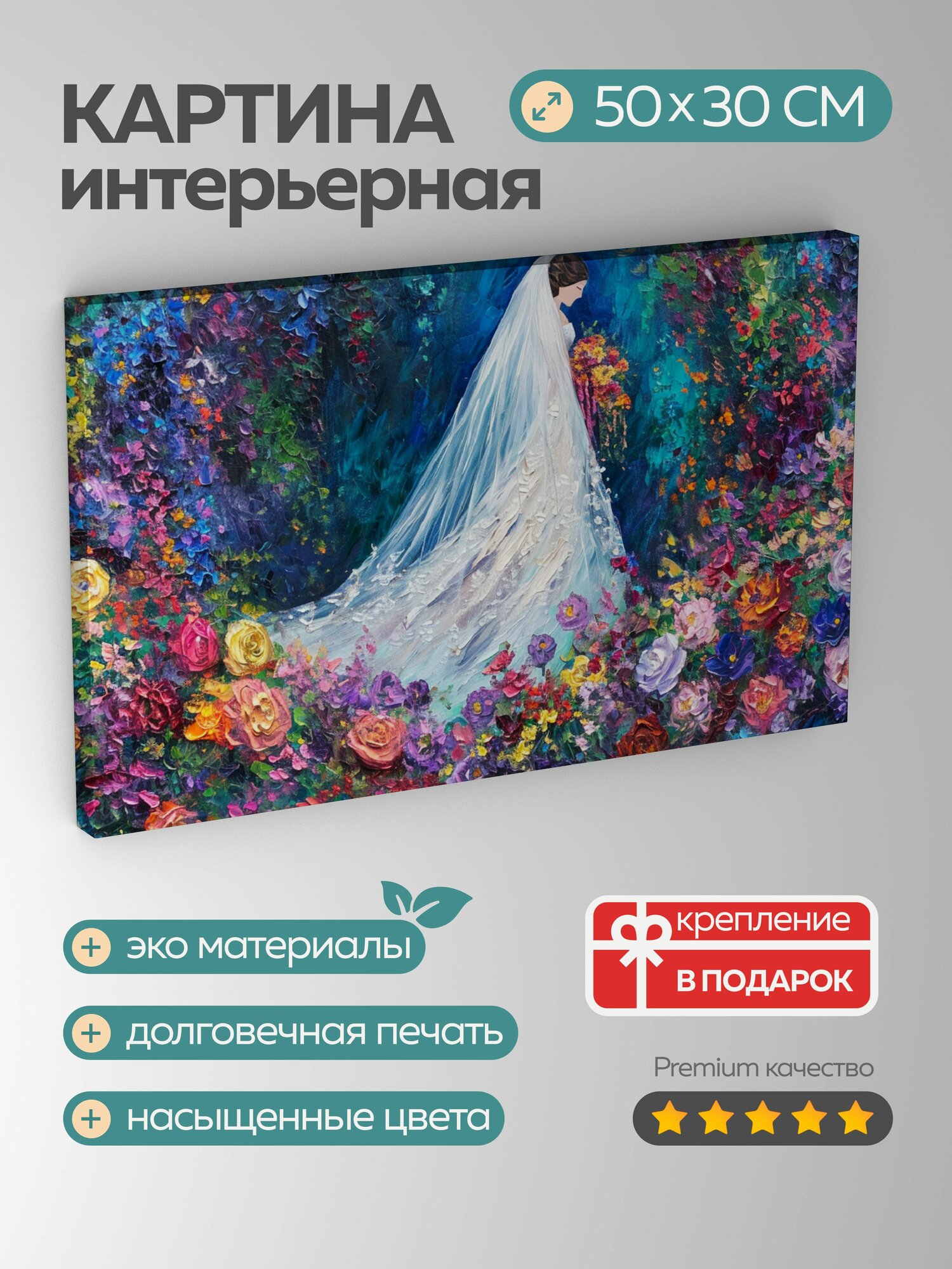 Картина на холсте интерьерная 50х30 см, акриловая картина, сияющая невеста, яркие цветы, белое свадебное платье