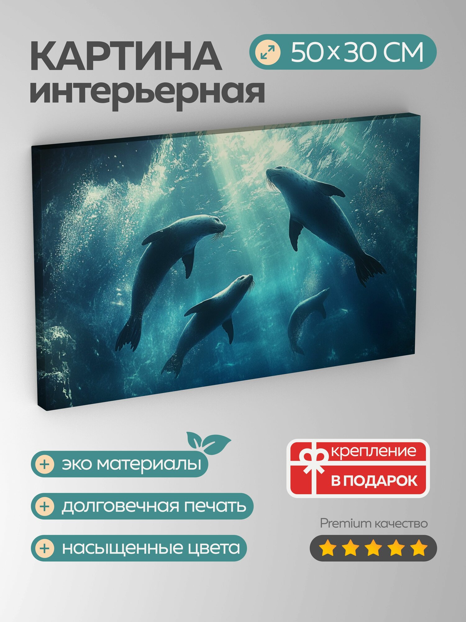 Картина на холсте интерьерная 50х30 см, Тюлени, подводное зрелище, грация, элегантность, морской мир, свет и тень