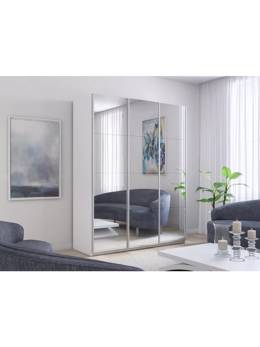 Шкаф-купе Широкий Прайм 3-х дверный Зеркала/Доводчики 240х57х230, Мебельная компания Е1, Белый снег