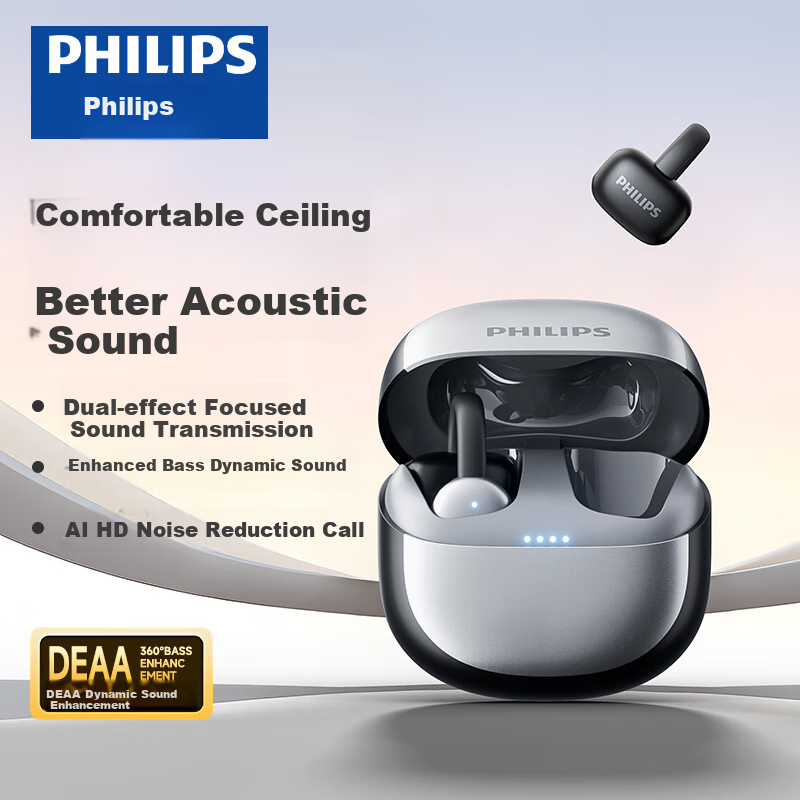 PHILIPS Bluetooth Earphone Ear-hook Wireless Open Ear Bone Conduction Concept Non-In-ear Sports Running Call Noise Reduction Suitable for Huawei Apple TAT4469-Black