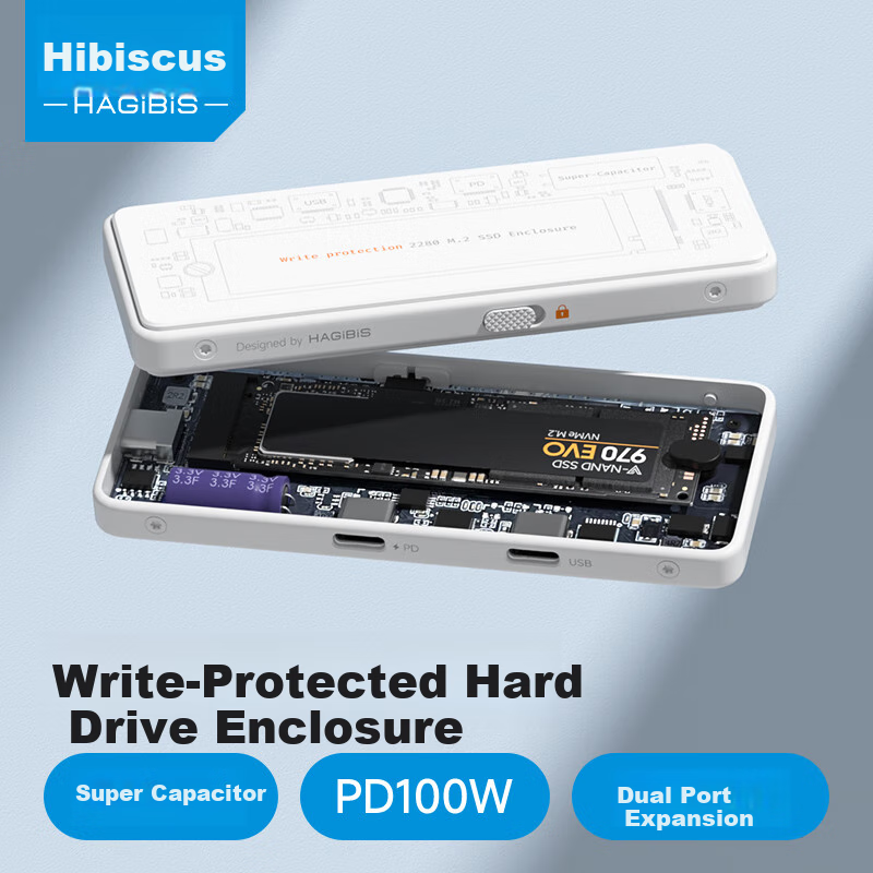 Hagibis M.2 NVMe SSD Enclosure with Write Protection, External SSD Reader for Apple Macbook, Laptop, and Phone Expansion with Power Failure Protection
