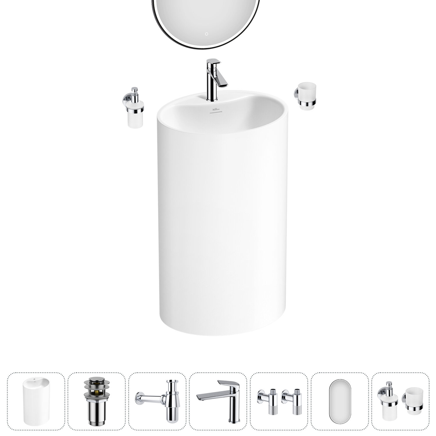 Овальная напольная раковина для ванной Wellsee Coquillage 20220129R в наборе 7 в 1: напольная отдельностоящая раковина моноблок в цвете белый глянец, донный клапан, сифон, смеситель, вентили, зеркало, аксессуары (цвет хром)