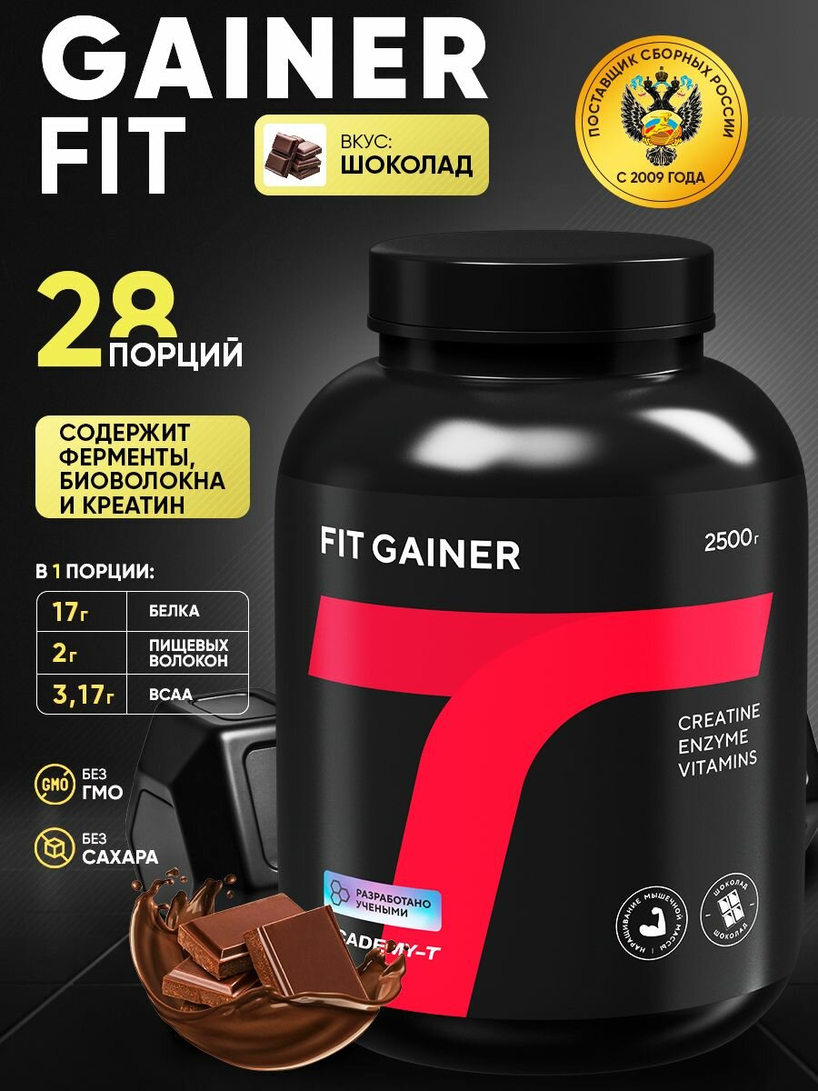 FIT GAINER Гейнер для набора мышечной массы 3,17 гр креатина на порцию, шоколад, Академия-Т, 2,5 кг