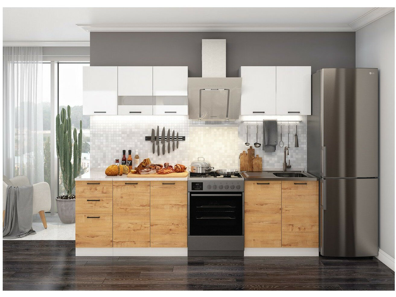 Современный кухонный гарнитур 2,0м, из ЛДСП, бунратти/белый бриллиант/белый