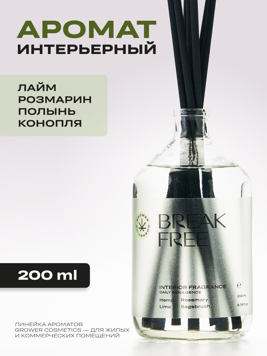 Арома диффузор Grower cosmetics "BREAK FREE" Лайм, Розмарин, Полынь, Конопля. 200мл