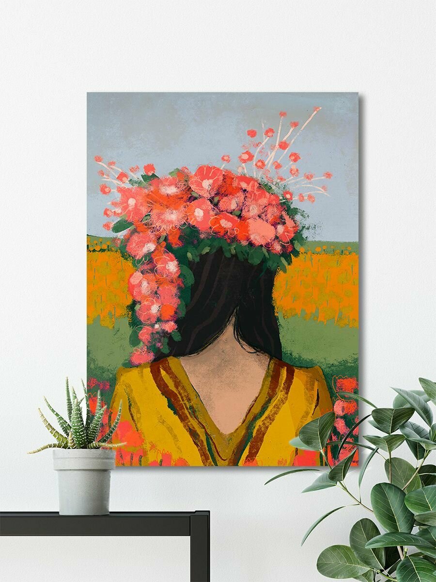 Бохо / картины минимализм -"Девушка с цветами", картина в прихожую на стену / в комнату, 20х30 см.