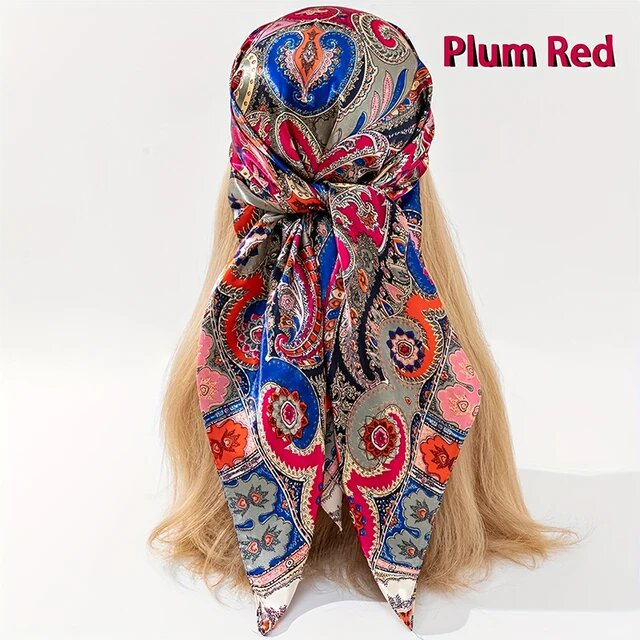 Шелковая шаль, атласный квадратный шарф 90 см, женский цветочный шейный платок, женская новая повязка на голову, повязка на голову, шейный платок, хиджаб, бандана 2024