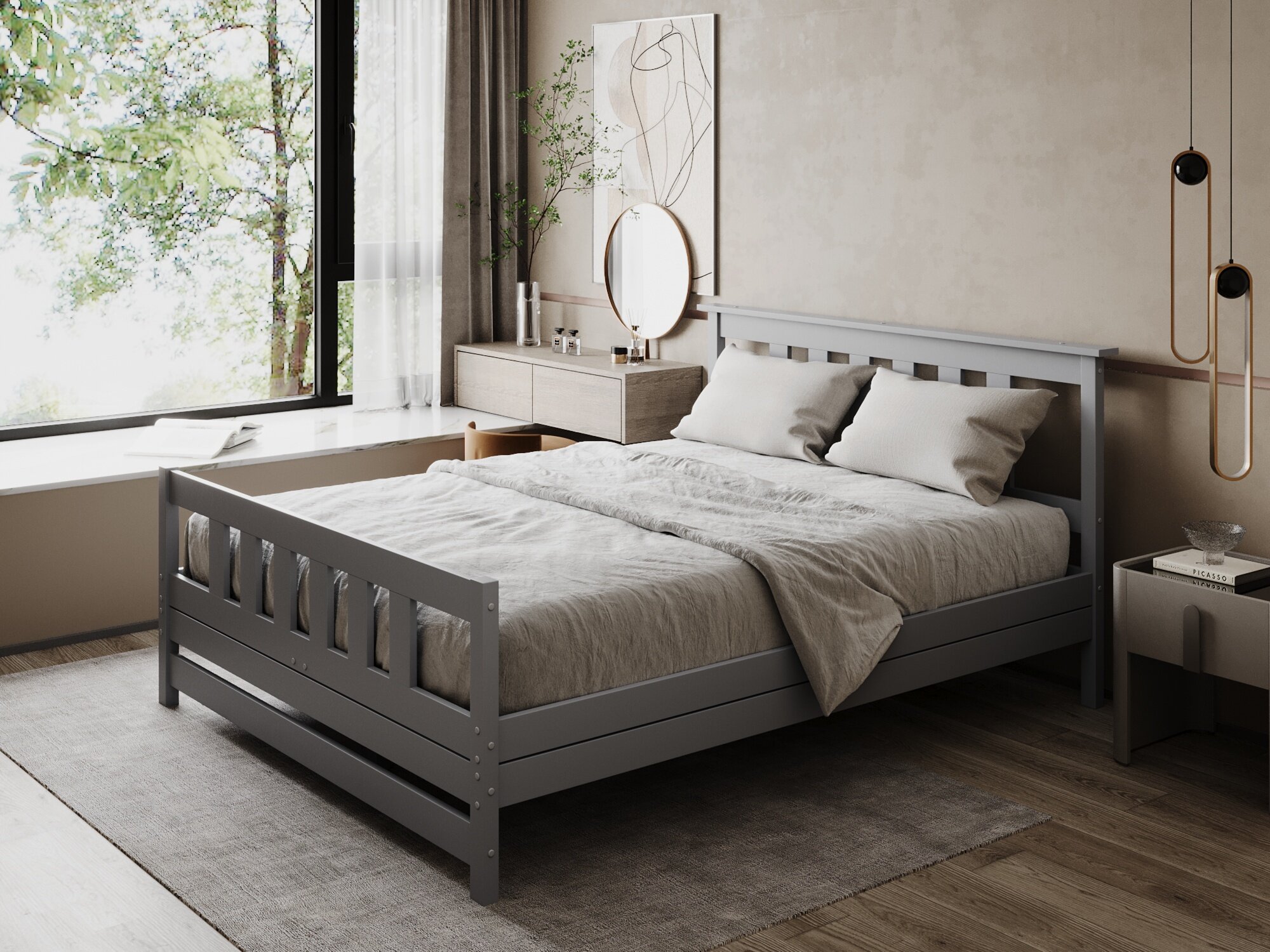 Кровать двуспальная 140x200 "IRINA 2" массив берёзы, серый