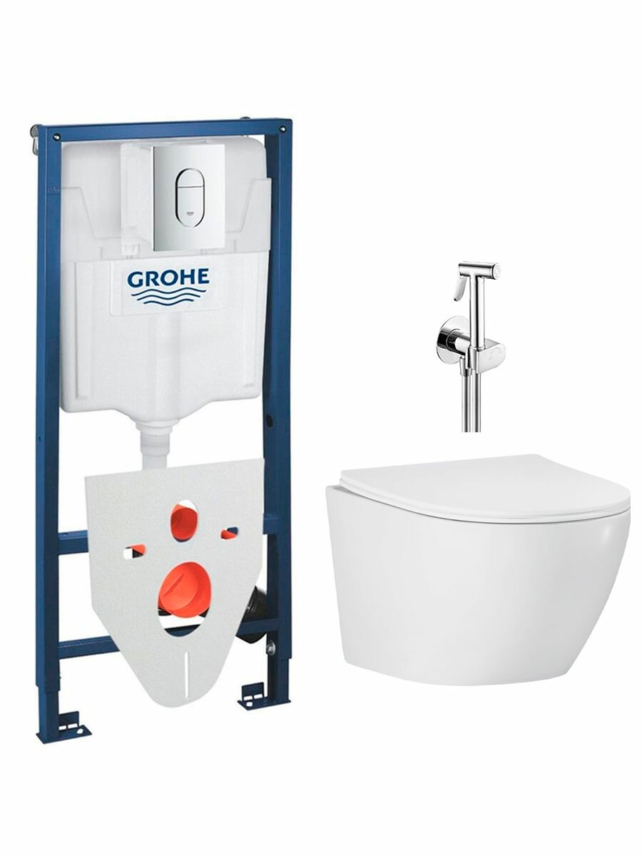 Инсталляция с унитазом и гигиеническим душем: унитаз Helmken 35103001, инсталляция Grohe, шумоизоляция, гиг. душ