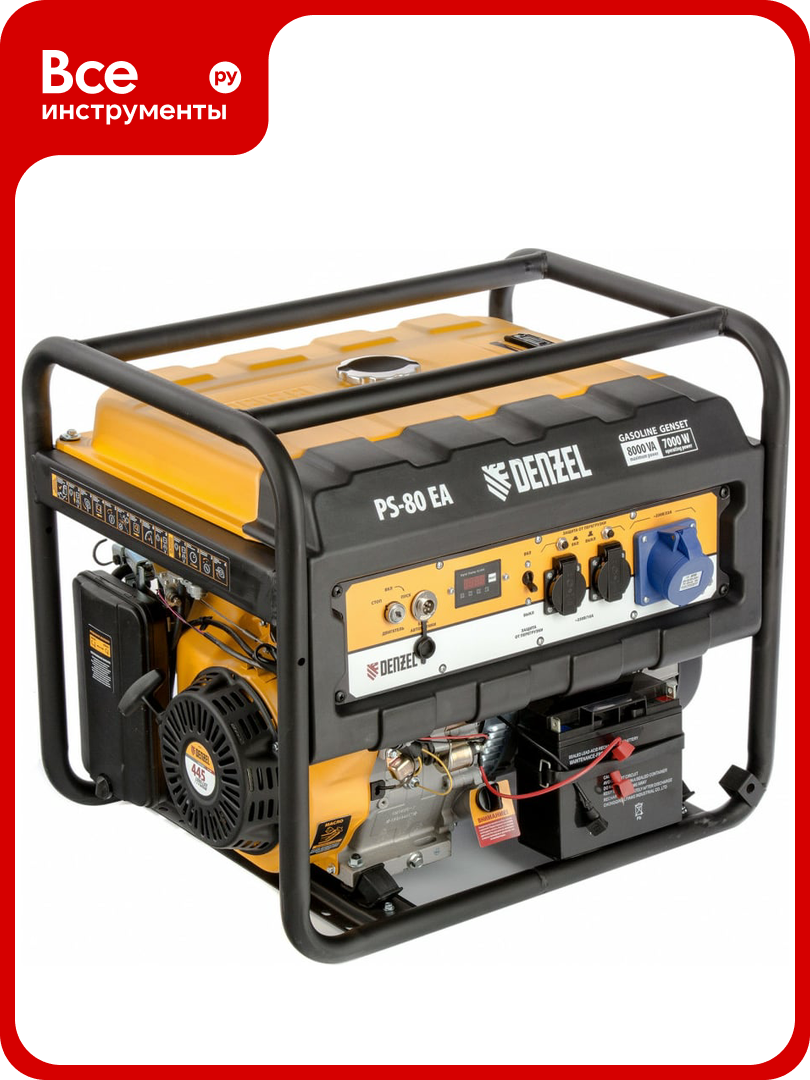 Бензиновый генератор с максимальной мощностью 8 кВт, 4-тактным двигателем 17 л. с, экономичным расходом топлива 3,2 л/ч и защитой IP23