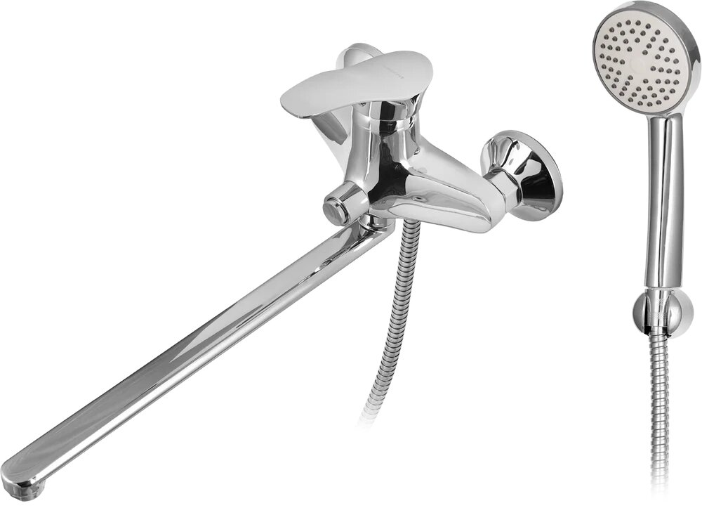 Смеситель с длинным изливом для ванны Wisent WP23001 с душевым гарнитуром, поворотный, металлический, хром, глянцевый, смеситель для ванны с душем, рычажный, с настенным держателем