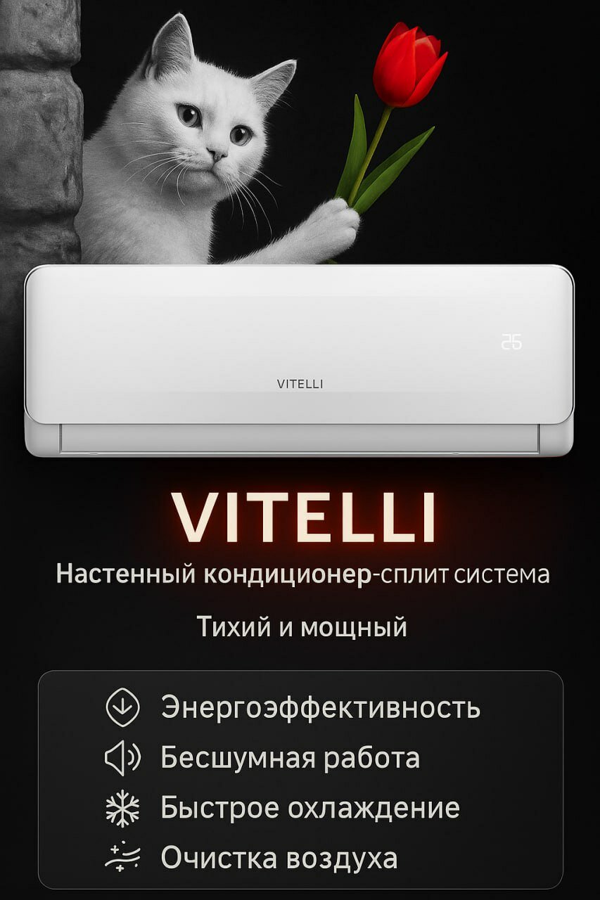 Сплит система VITELLI VSL-18H, мощность 18000 BTU, Wi-Fi (опция), А класс, кондиционер для дома на 55 м², белый