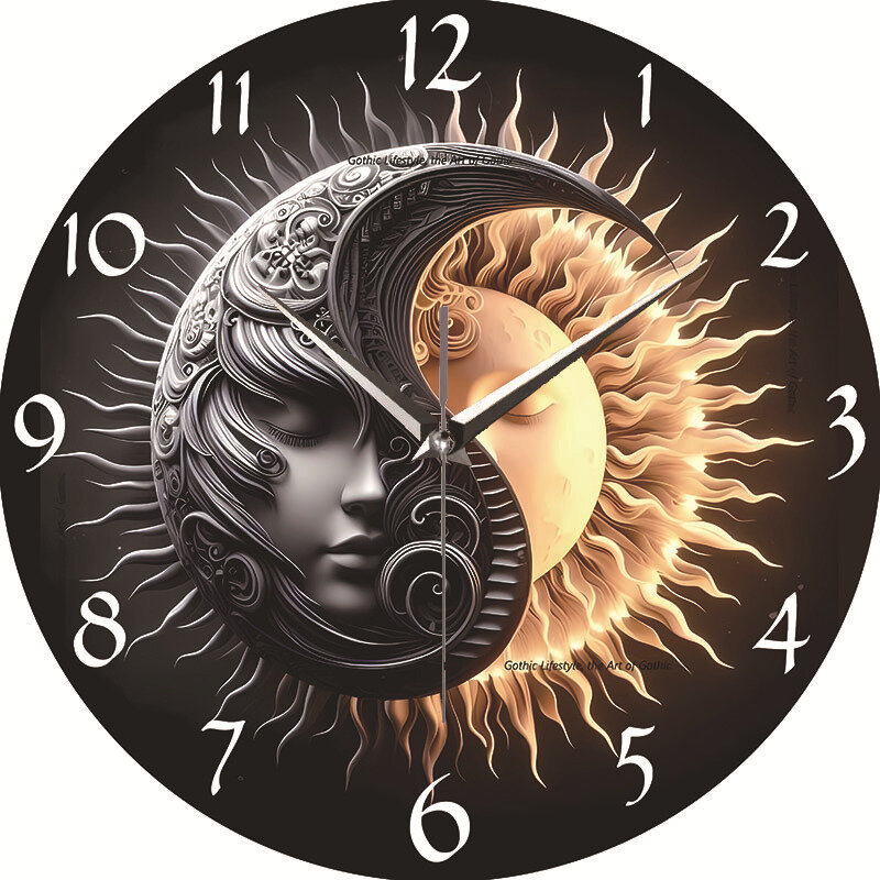 Настенные часы «Солнце и Луна» | 12-дюймовые бесшумные кварцевые часы из МДФ без тиканья | Готический дизайн с небесной тематикой для гостиной, спальни или офиса