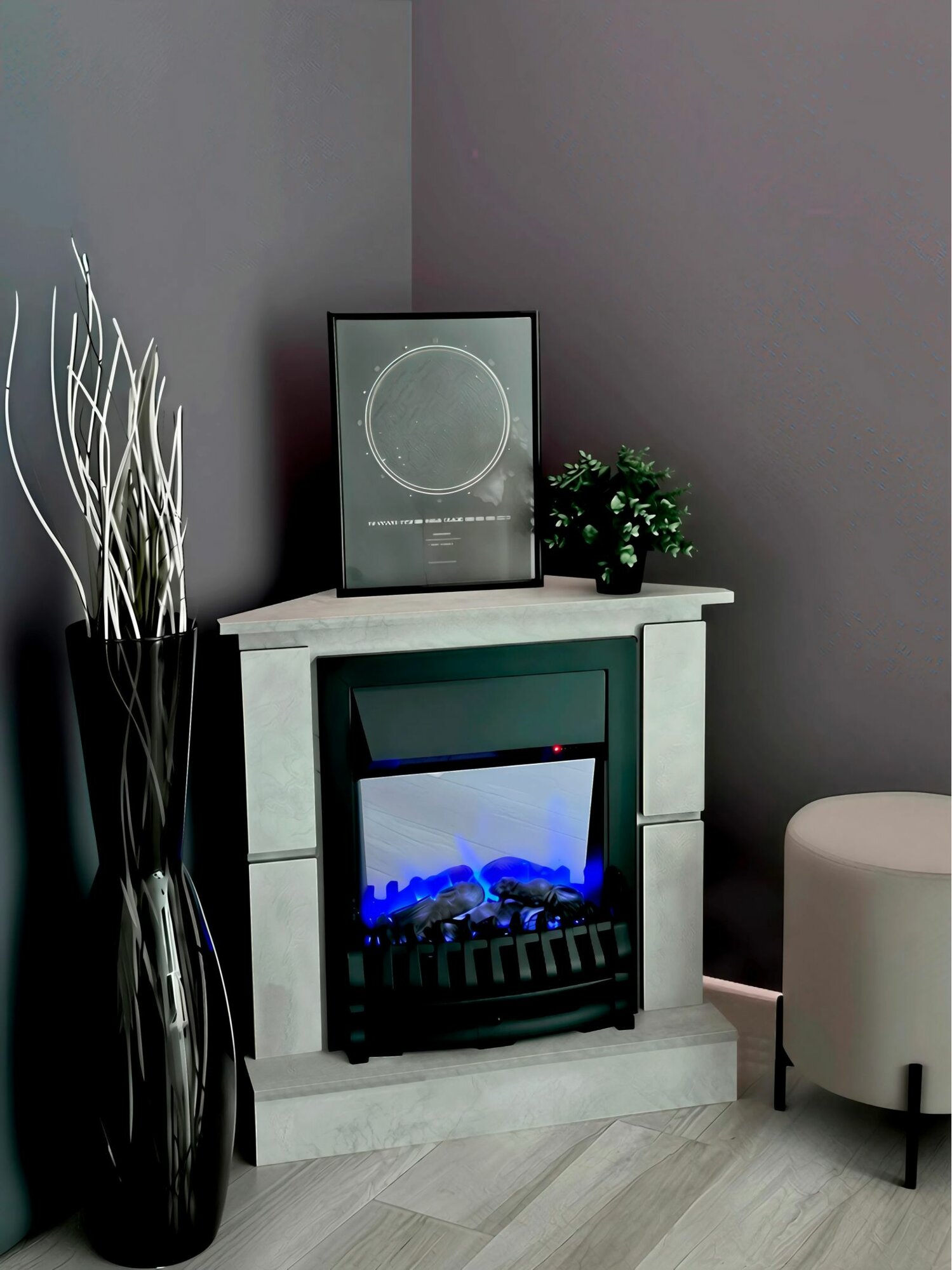 Камин электрический с угловым порталом VITAMIN, с пультом ДУ, эффектом пламени обогревом, звуком цвет "Серый"