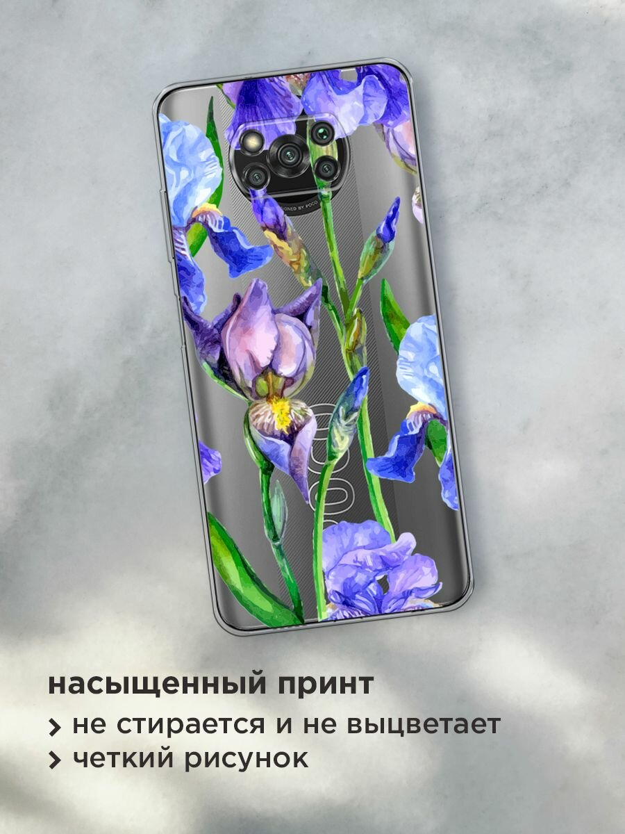 Чехол на Xiaomi Poco X3/X3 Pro / Поко X3/X3 Pro с принтом "Синие ирисы", прозрачный — фото 1