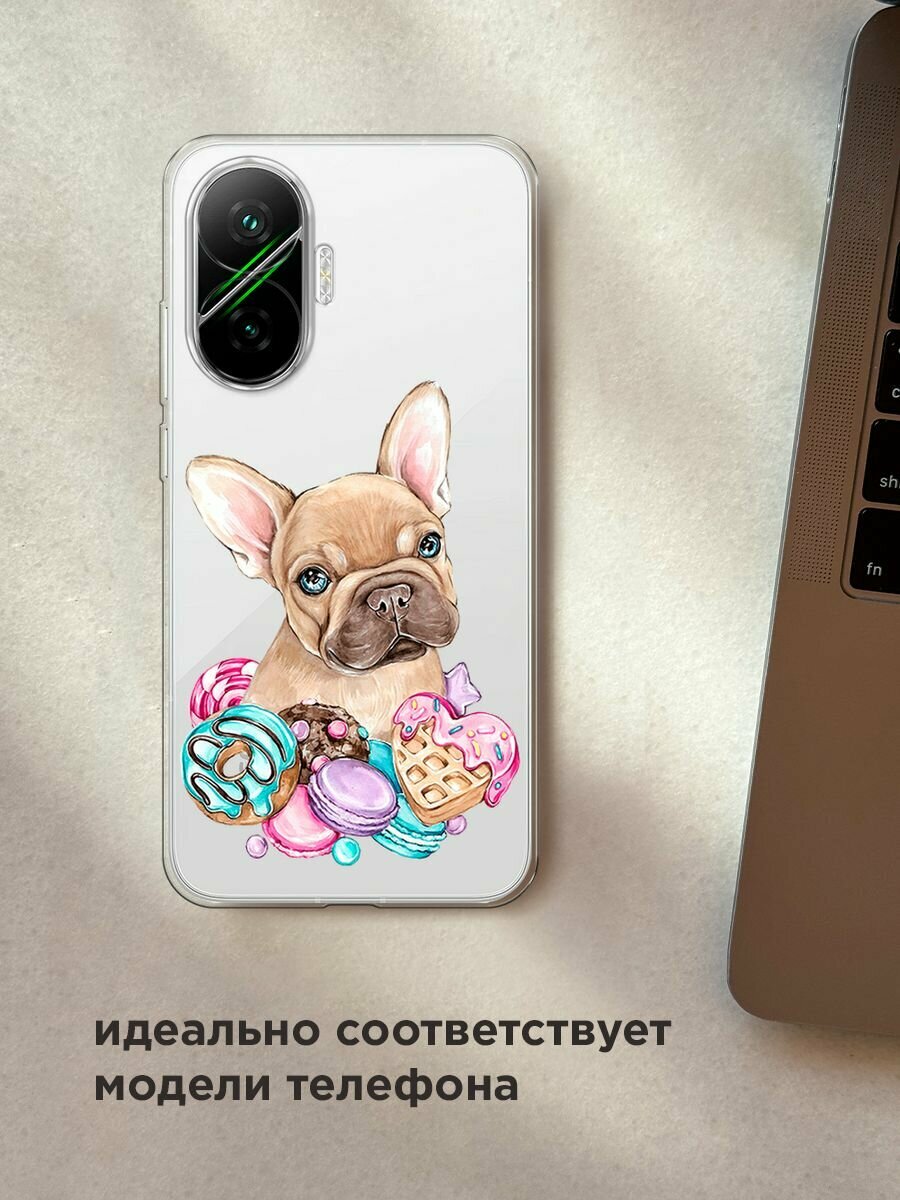 Чехол на Poco F7 / Поко F7 с принтом "Бульдог и сладости", прозрачный — фото 1