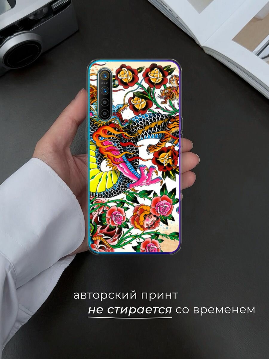 Силиконовый чехол на Realme XT / Реалми XT с принтом "Дракон в цветах" — фото 1