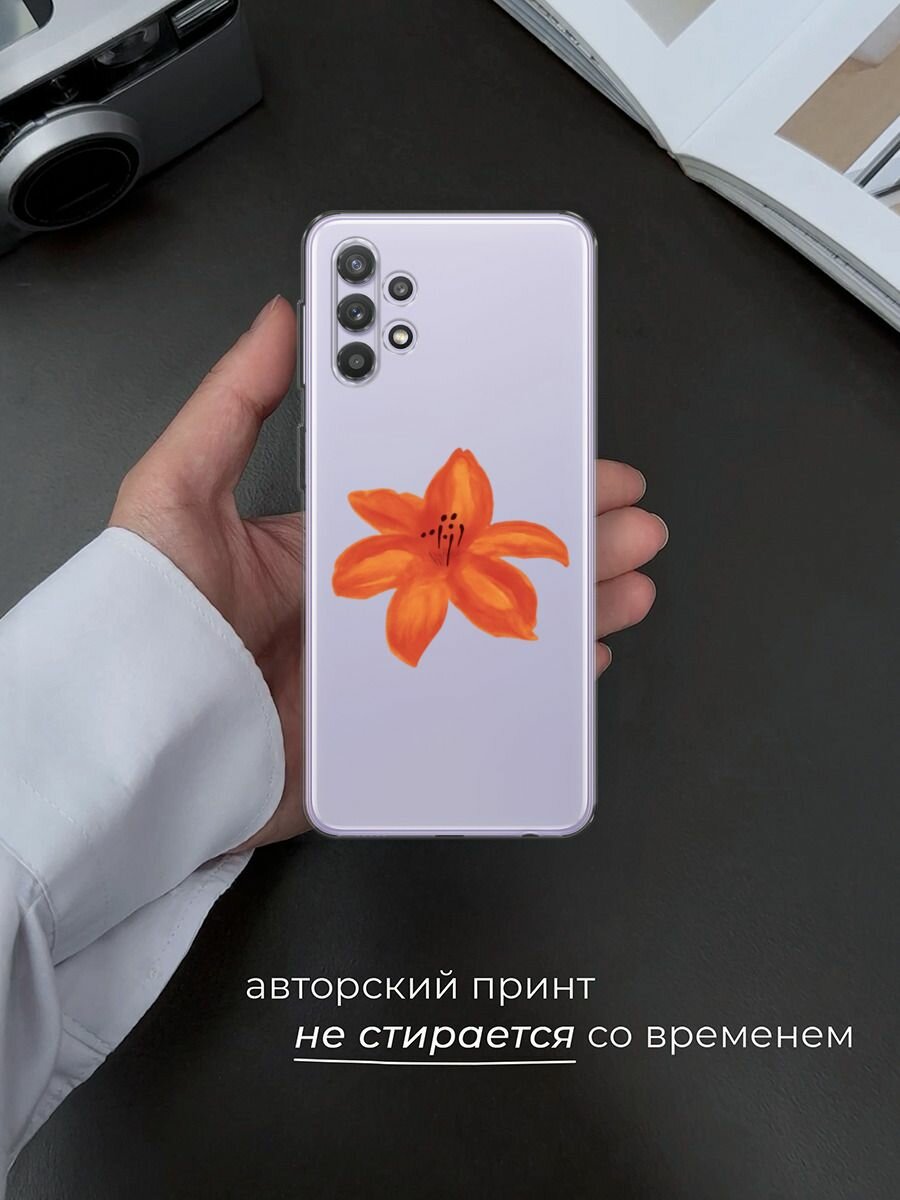 Чехол на Samsung Galaxy A32 / Самсунг Галакси А32 с принтом "Оранжевый цветок", прозрачный — фото 1