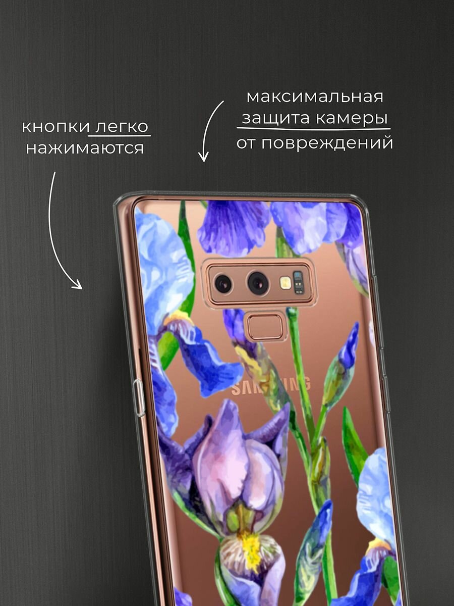 Чехол на Samsung Galaxy Note 9 / Самсунг Галакси Нот 9 с принтом "Синие ирисы", прозрачный — фото 1