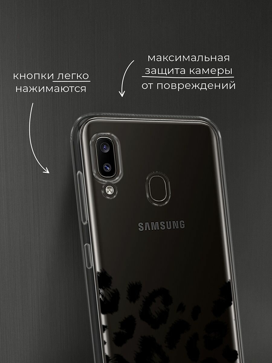 Чехол на Samsung Galaxy A30/A20 / Самсунг Галакси A30/A20 с принтом "Окрас леопарда фон черный", прозрачный — фото 1