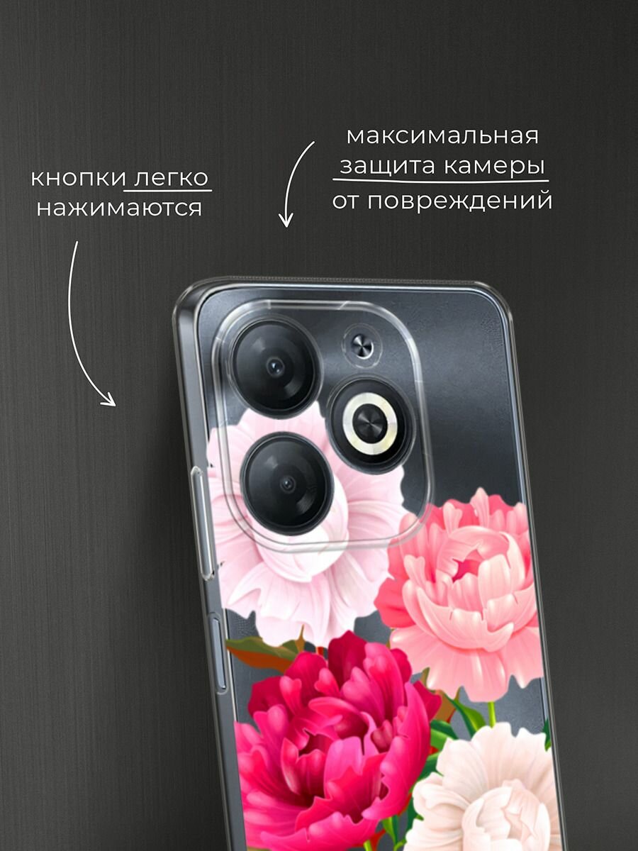 Чехол на Infinix Smart 8/8 HD/HOT 40i / Инфиникс Смарт 8/8 HD/HOT 40i с принтом "Большие пионы", прозрачный — фото 1